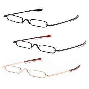 OWTXIS 3 Pack Mini Slim Pen Reading Glasses - Compact Readers with Pen Clip Case Spring Hinge Metal Frame Eyeglasses (Black, Brown, Gold, 1.75)
