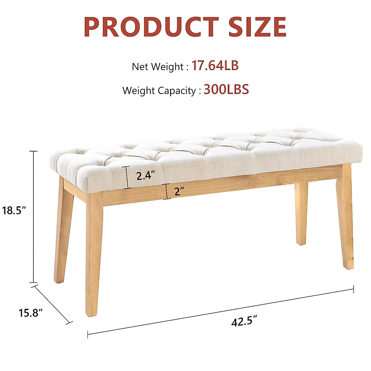 Upholstered Entryway Bench - End of Bed Bench with Padded Seat, Button Tufted Wood Frame (Beige-2)