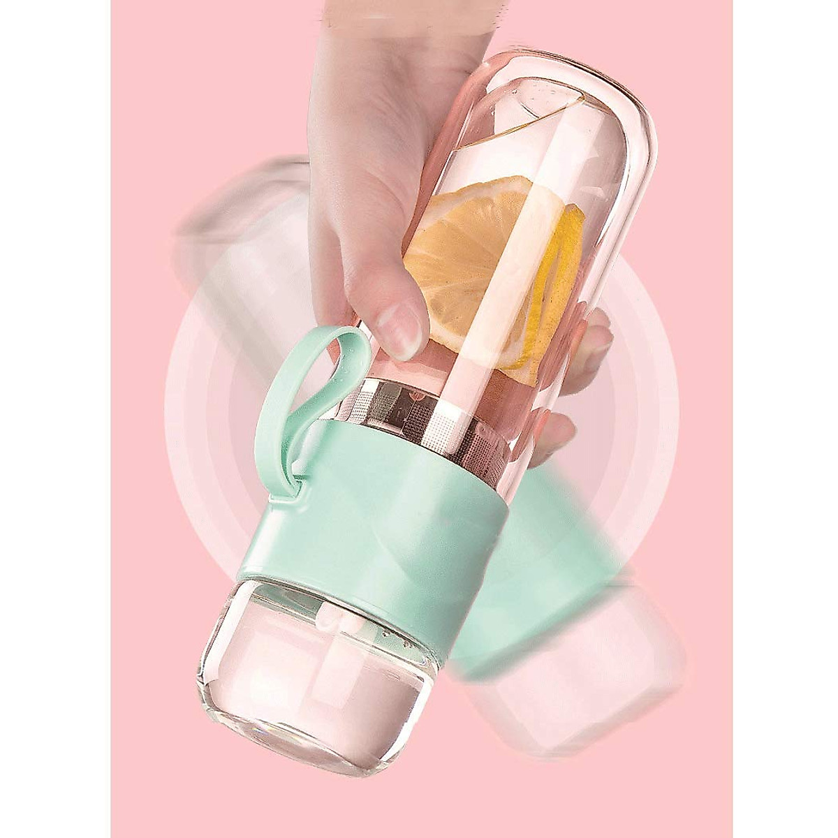 Little Bees Double Wall Glass Tea Bottle Portable Tea Tumbler with Infuser Leak-Proof Travel Mug 14oz Blue