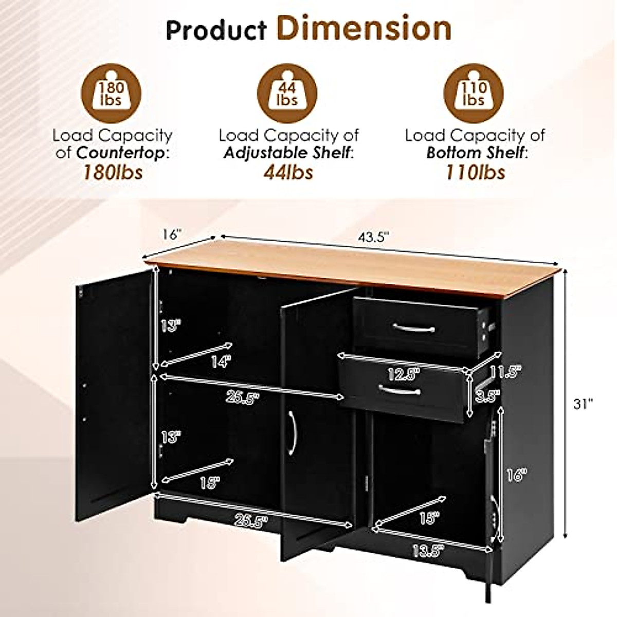 PETSITE Buffet Cabinet, Kitchen Sideboard with Storage Cabinets & Drawers, Adjustable Shelf, Modern Credenza Coffee Bar Server Console Table Cupboard for Entryway Living Dining Room