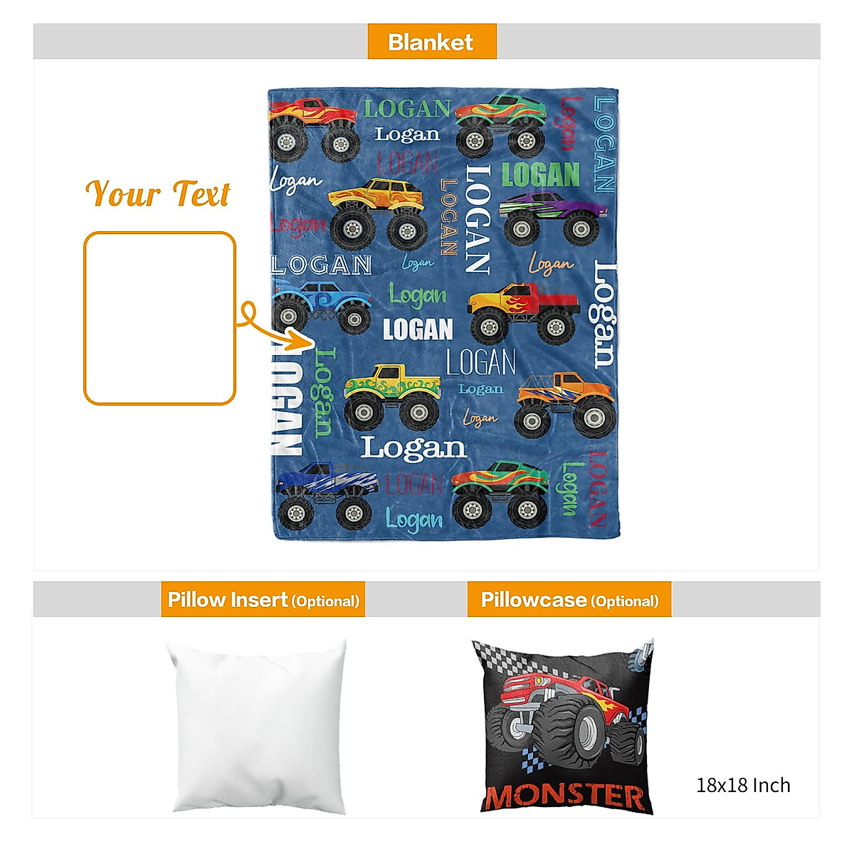 Custom Name Blanket - Personalized Flannel Bed Blanket with Double Layer Dotted Backing - Car Monster Truck Tractor Excavator Train with Multi-Fonts Name Design for Baby Kids Boys Girls Gifts Color08