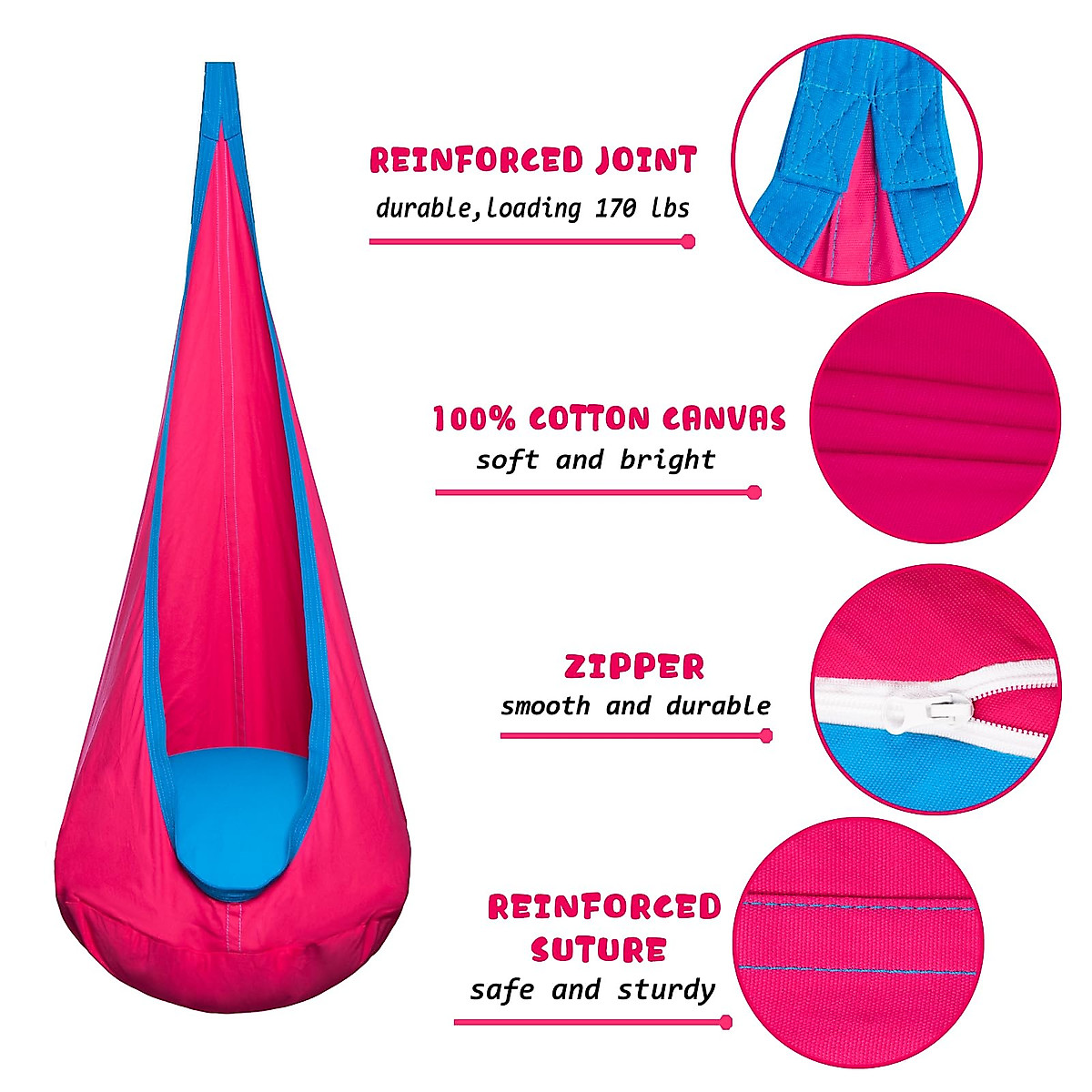 Kids Pod Swing Hanging Seat Child Hammock Chair Indoor and Outdoor Sensory Swing 100% Cotton Loading Capacity 170 lbs (Pink)