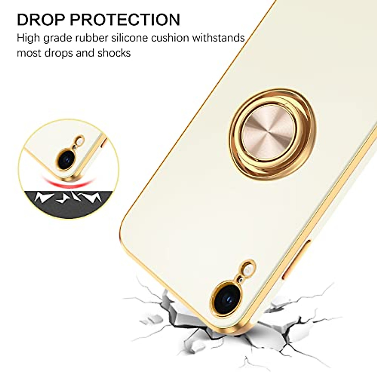 BENTOBEN for iPhone XR Case, Phone Case iPhone XR, Slim Fit Kickstand Ring Holder Design Shockproof Protection Soft TPU Bumper Drop Protective Girls Women Boys iPhone XR 6.1" Cover, White/Gold
