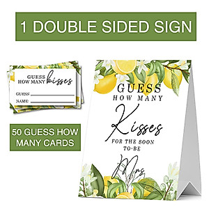 JIRIM-BEUTY Lemon Floral Guess How Many Kisses for The Soon to be Mrs, Guess How Many Baby Shower Games, 1 Stand Sign & 50 Tickets, Bridal Shower Sign - JRM301