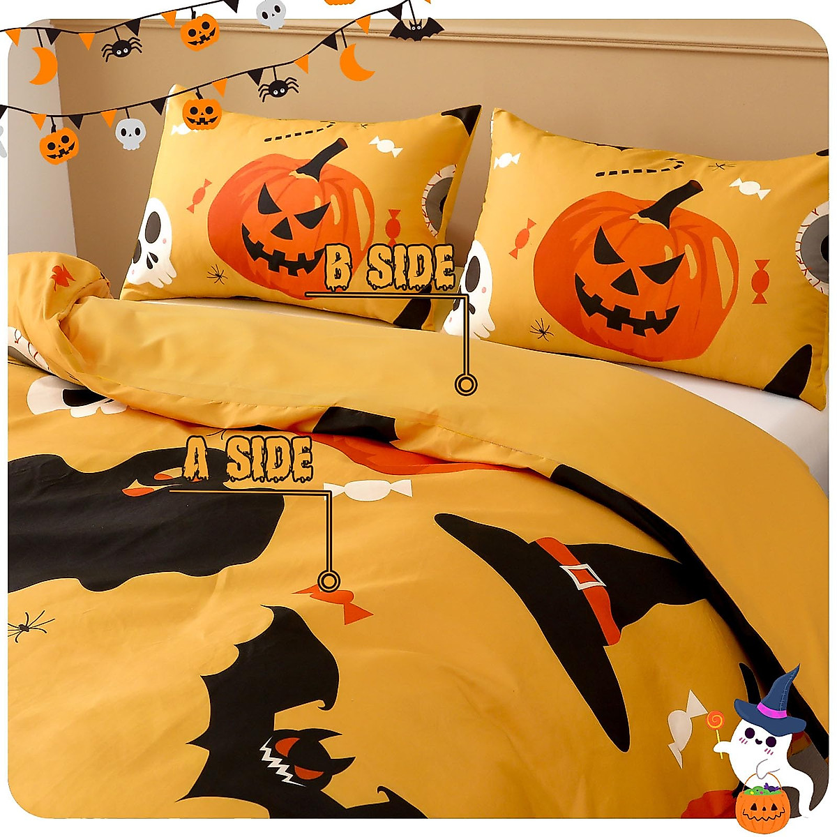 Luxudecor Halloween Duvet Cover Set King Size Pumpkin Orange Bedding Set with Pumpkin Ghost Duvet Cover Set,Halloween Festival Themed Bedding Set for All Seasons (3pcs, 104"x90")