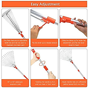 Karveden Adjustable Leaf Rake Garden- Expandable Metal Rakes for Lawns Yard Roof , Outdoor Portable Gardening Tools 8 to 63 Inch Telescopic Rake Easy to Clean Weed, Flowers,Leaves (Orange)