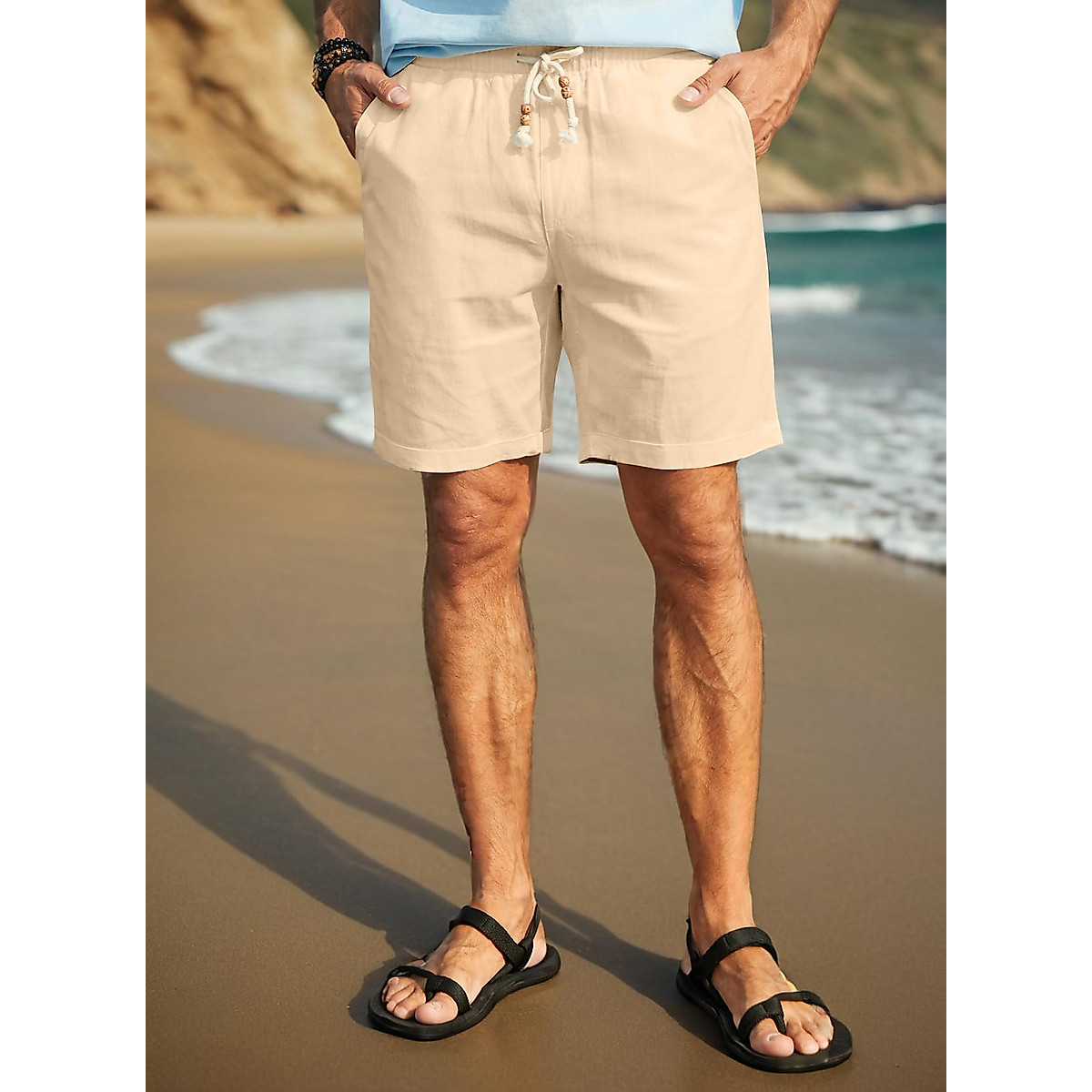 JMIERR Men's Shorts Casual Summer Beach 9 Inch Inseam Drawstring Golf Linen Cotton Elastic Waist Short for Men, US 38(XL),09 Beige