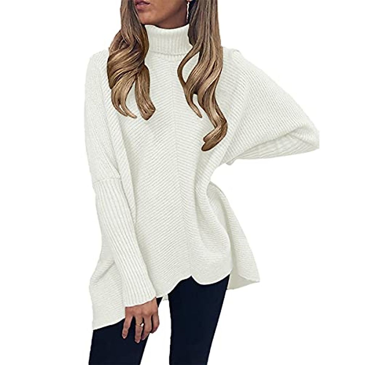 ANRABESS Womens Oversized Turtleneck Long Sleeve Sweater Asymmetric Hem Casual 2023 Fall Winter Pullover Knit Pullover Jumper Tops A87Bai-M White