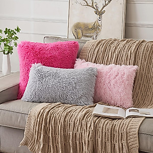 ANRODUO Pack of 2 Hot Pink Throw Pillow Covers Luxury Fluffy Pillows Faux Fur Decorative Pillows Plush Cushion Case Fuzzy Mongolian Merin Style for Bed Couch Sofa Living Room Spring Decor 18x18 Inch