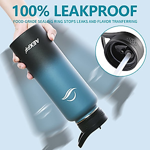 AEXPF 40 oz Insulated Water Bottle, Stainless Steel Vacuum Sports Water Bottle with 3 Lids, Durable Leakproof Metal Thermos, BPA-free Water Flask Jug with Strap, 2pc