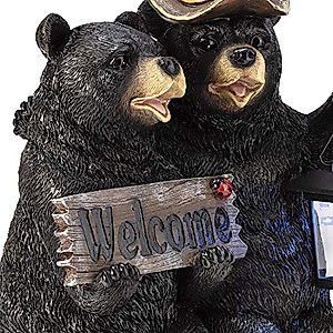 Alpine Corporation 15" Tall Outdoor Bear Couple with Lantern and Welcome Sign Statue with Solar LED Light Yard Art Decoration