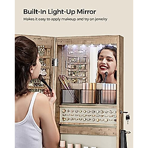 SONGMICS LED Mirror Jewelry Cabinet Standing, Lockable Jewelry Armoire with Full-Length Mirror, Space-Saving Jewelry Organizer with Mirror, Drawer and Shelf, Toasted Oak Color UJJC025N01