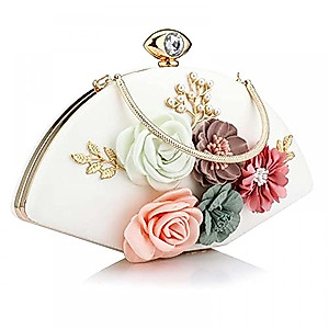 Floral Clutch Purse Leather Clutch Vintage Beaded Evening Handbag Shoulder Bag Women Wedding Purse (White)