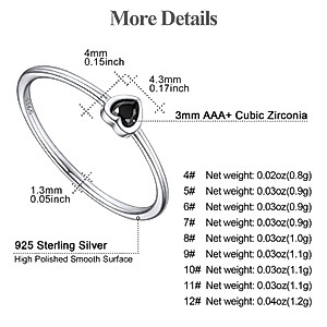 FOCALOOK 925 Sterling Silver Ring for Women, Heart Black Cubic Zirconia CZ Eternity Simple Stackable Engagement Wedding Promise Band Ring for Her Size 9