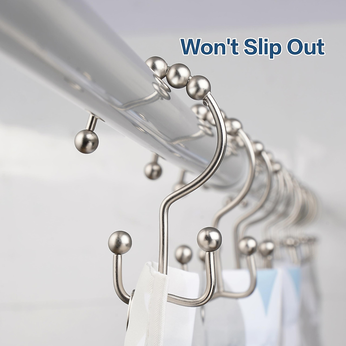 DAWNER Shower Curtain Hooks, Rust Proof Metal Easy Glide Double Rings, Stainless Steel Hangers for Bathroom Curtains, Set of 12, Brushed Nickel