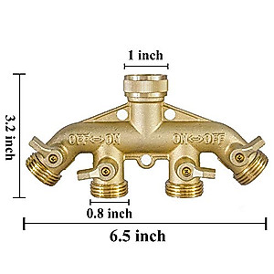 Hourleey Brass Garden Hose Splitter (4 Way), Solid Brass Hose Connector 3/4", Hose Spigot Adapter 4 Valves with 4 Extra Rubber Washers