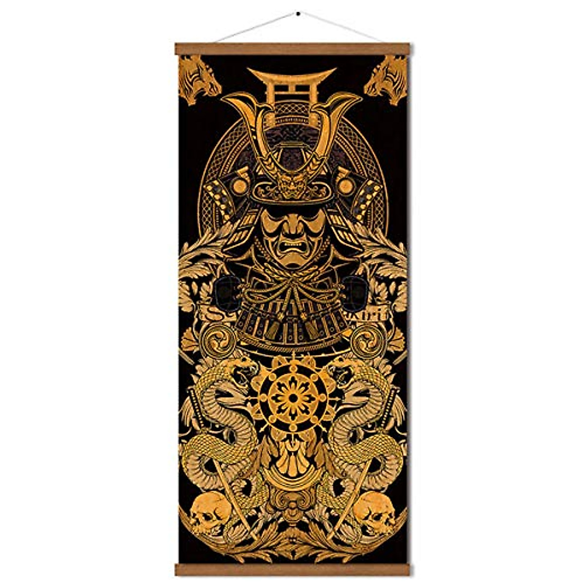Warrior’s Dreams Canvas Wall Art Print Poster Armored Helmet Samurai spirit with Scroll Wood Framed Ready to Hanger Home Karate Hall Sushi Restaurant Decor 16”x35”