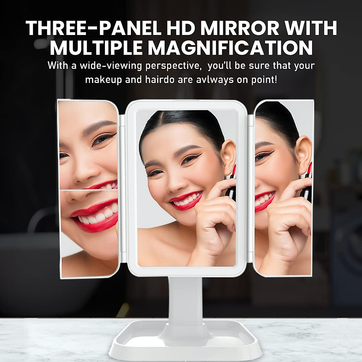 LOVE YOU Studio Makeup Mirror with LED Lights for Makeup Desk - Lighted Makeup Mirror with Magnification - Tri-Fold Personal Light Mirror with Stand