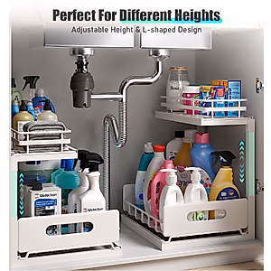 Biboraya 2 Pack Under Sink Organizers And Storage Height Adjustable,2-Tier Under Cabinet Pull Out Shelf,Multi-Use Slide Out Drawer For Kitchen Bathroom Laundry Room-White(Patent Pending)