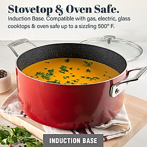 Granitestone Diamond 5 Qt Nonstick Stock Pot Soup Pot Pasta Pot Stew Pot with Tempered Glass Lid-Oven & Dishwasher Safe-100% PFOA FREE - Red