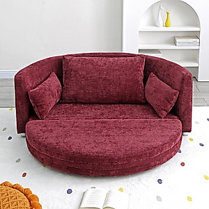 HanStrong Sleeper Sofa Bed, Foldable Floor Couch Adjustable Futon Sofa Chair Bed, Multi-functiona Round Lazy Sofa for Balcony Living Room Apartment Bedroom, Burgundy