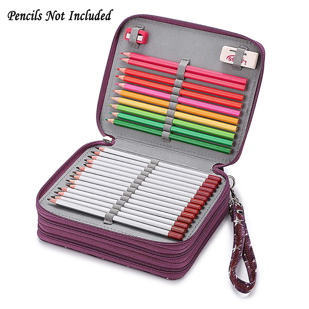 BTSKY Zippered Pencil Case-Canvas 72 Slots Handy Pencil Holders with Printing Pattern for Prismacolor Watercolor Pencils, Crayola Colored Pencils, Marco Pencils Purple Stars