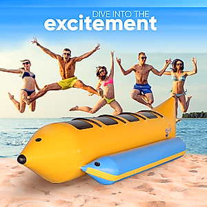 SereneLife Inflatable Floating Banana Boat, Towable Tube for Boating, up to 4 Riders, Includes Storage Bag, Food Pump, and Repair Kit