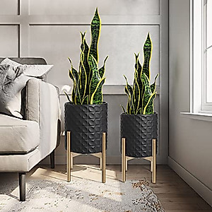 Oakrain Mid Century Planters for Indoor Plants, Set of 2, Modern Decorative Metal Planter Pots for Living Room, Office, Garden or Balcony, Black Planter with Stand, 8 inch & 10 inch