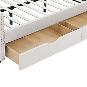 OMGO Upholstered Full Size Daybed with Two Storage Trundle Drawers, Solid Wooden Sofa Bed Frame w/Button Tufted Backrest, No Box Spring Needed, for Kids, Bedroom, Dorm