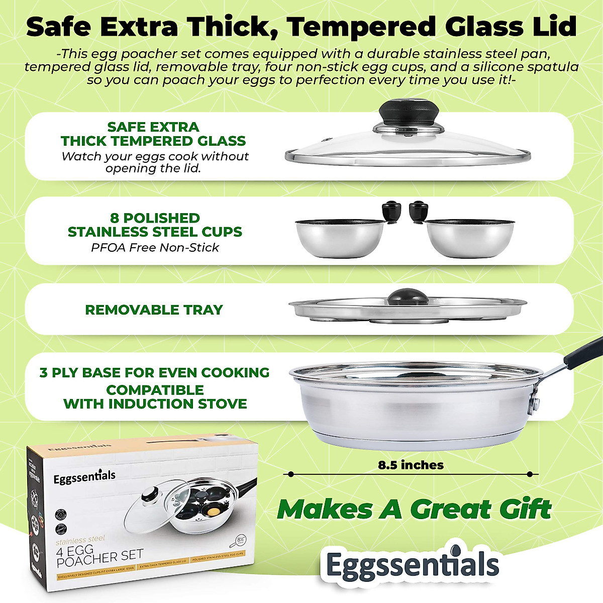 Eggssentials Egg Poacher Pan Nonstick Poached Egg Maker, Stainless Steel Egg Poaching Pan, Poached Eggs Cooker Food Grade Safe PFOA Free with Spatula