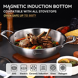 LOLYKITCH 12 Inch Tri-Ply Stainless Steel Wok Pan with Lid,5 QT Deep Stir-Fry Pan,Jumbo Cooker,Induction Cooking Pan,Heavy Duty,Dishwasher and Oven Safe.