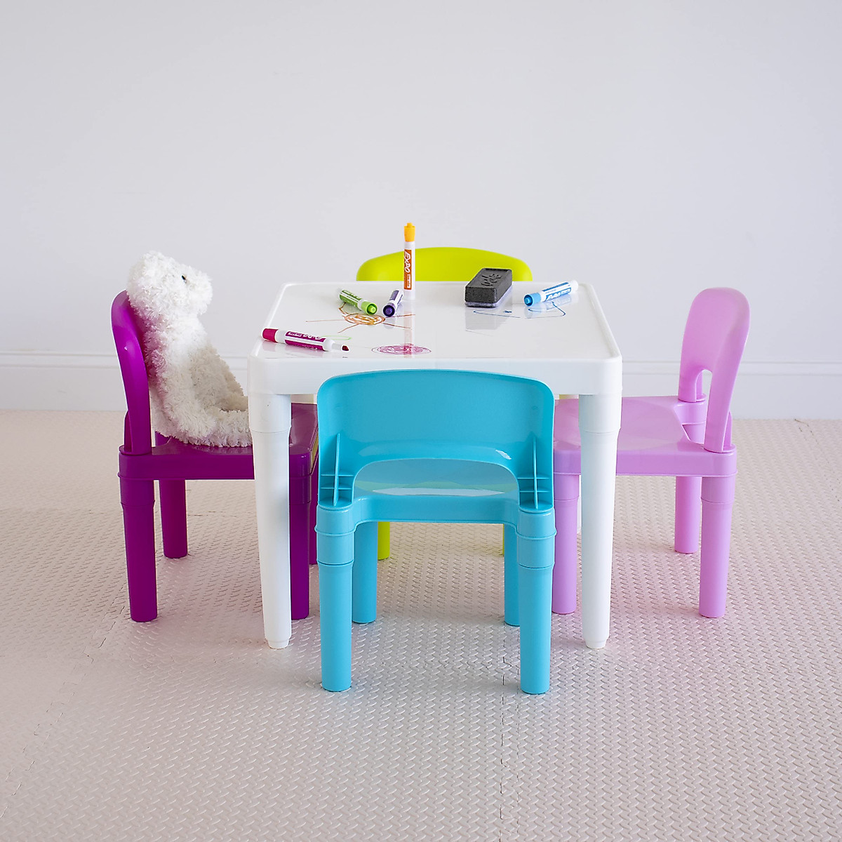 Humble Crew White Table/Pastel Chairs Kids Plastic 4 Set & White/Blue/Pink/Purple Extra-Large Toy Organizer, 16 Storage Bins