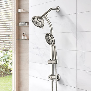UCLIMAA High Pressure 48-Settings Shower Head with Handheld Shower,Drill-Free 3-Way Diverter for Easy Reach,Adjustable Height Slide Bar Dual Shower Head Combo Set - Brushed Nickel