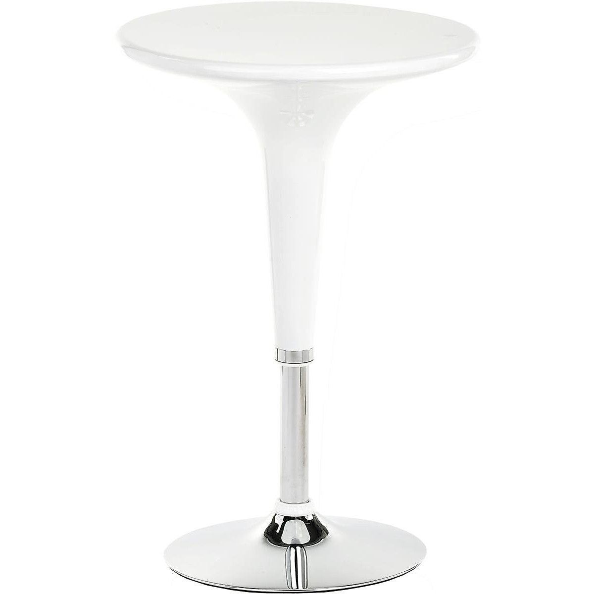 Displays2go White Cocktail Table with 2 Chairs, Adjustable Height, ABS Plastic and Steel Construction, Leatherette Upholstery – White, Chrome (TSFURNK14)