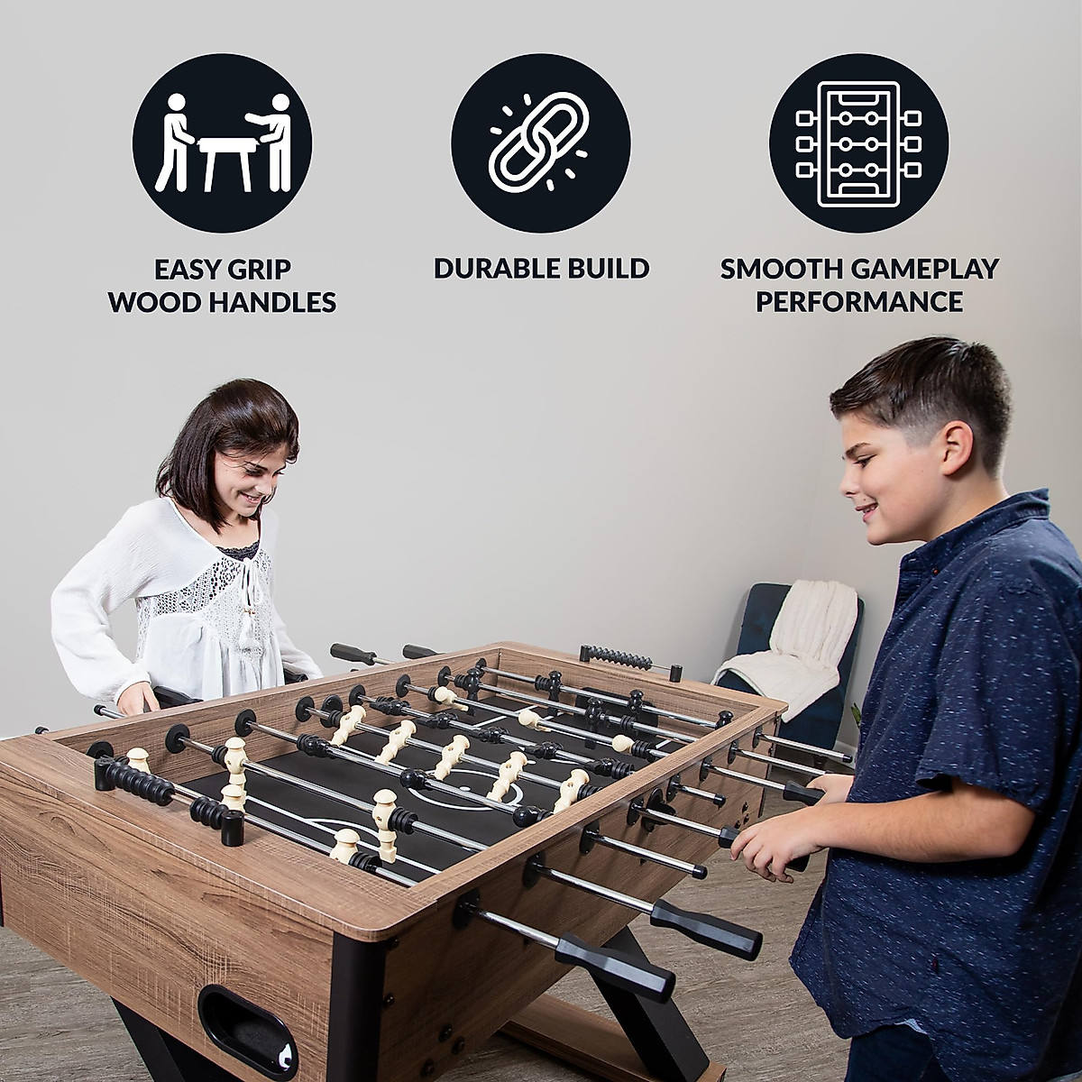 Hathaway Excalibur 54-in Foosball Table for Game Room - with Driftwood Melamine Finish, X-Pattern Base, Chrome Steel Rods, Adjustable Leg Levelers & Manual Scoring Units - Driftwood Finish