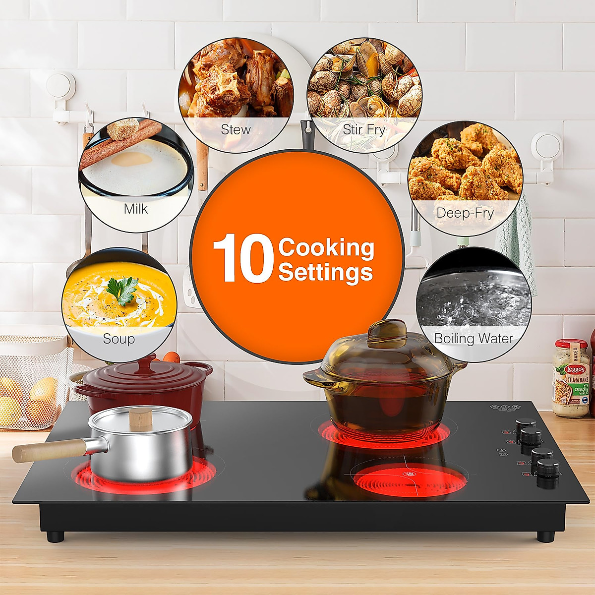 GIHETKUT Electric Cooktop, Hot Plate Electric Control by Knob, Built-in 4 Burners Electric Stove Top with 9 Power Levels, Child Safety Lock & 99mins Timer, 220-240V, 7200W