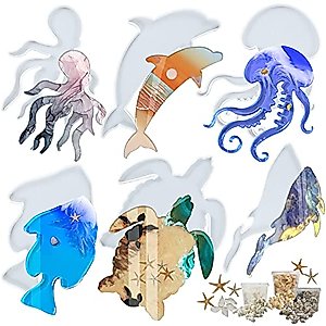 Sea Animal Epoxy Resin Silicone Tray Molds Dolphin Fish Jellyfish Turtle Octopus Whale Serving Board, Platter, Wall Hanging, Coaster with Mini Seashells Starfish Inlay Supplies