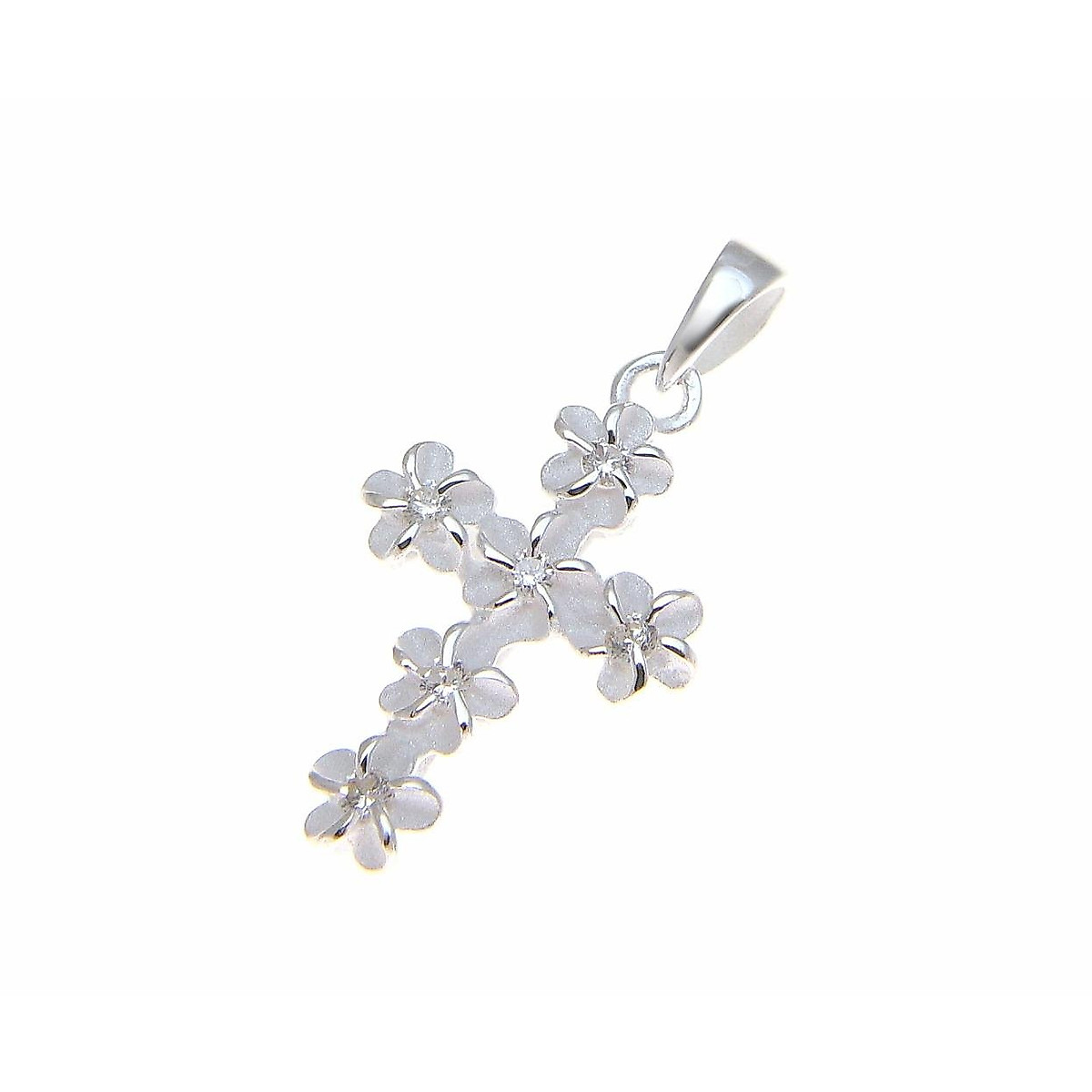 Arthur's Jewelry 925 Sterling silver Hawaiian plumeria flower cross pendant clear cz 11mm small
