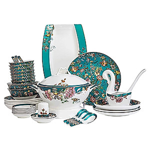 Porcelain Plate and Bowl Set,Dinnerware Set for Home or Special Restaurant, Ceramics Dinner Set, 52 Pieces Porcelain Dinnerware Sets | Bone China Soup Pot and Enamel Cereals Bowls - High-end Wedding