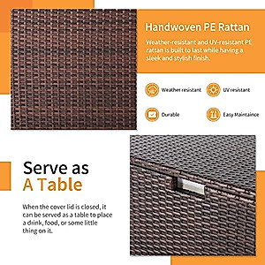Patiorama Outdoor Wicker Storage Box, Garden Deck Bin with Aluminum Frame, Patio Cushion Storage, Brown Wicker Rattan Pool Storage Box, Water-Resistant Liner, 120 Gallon