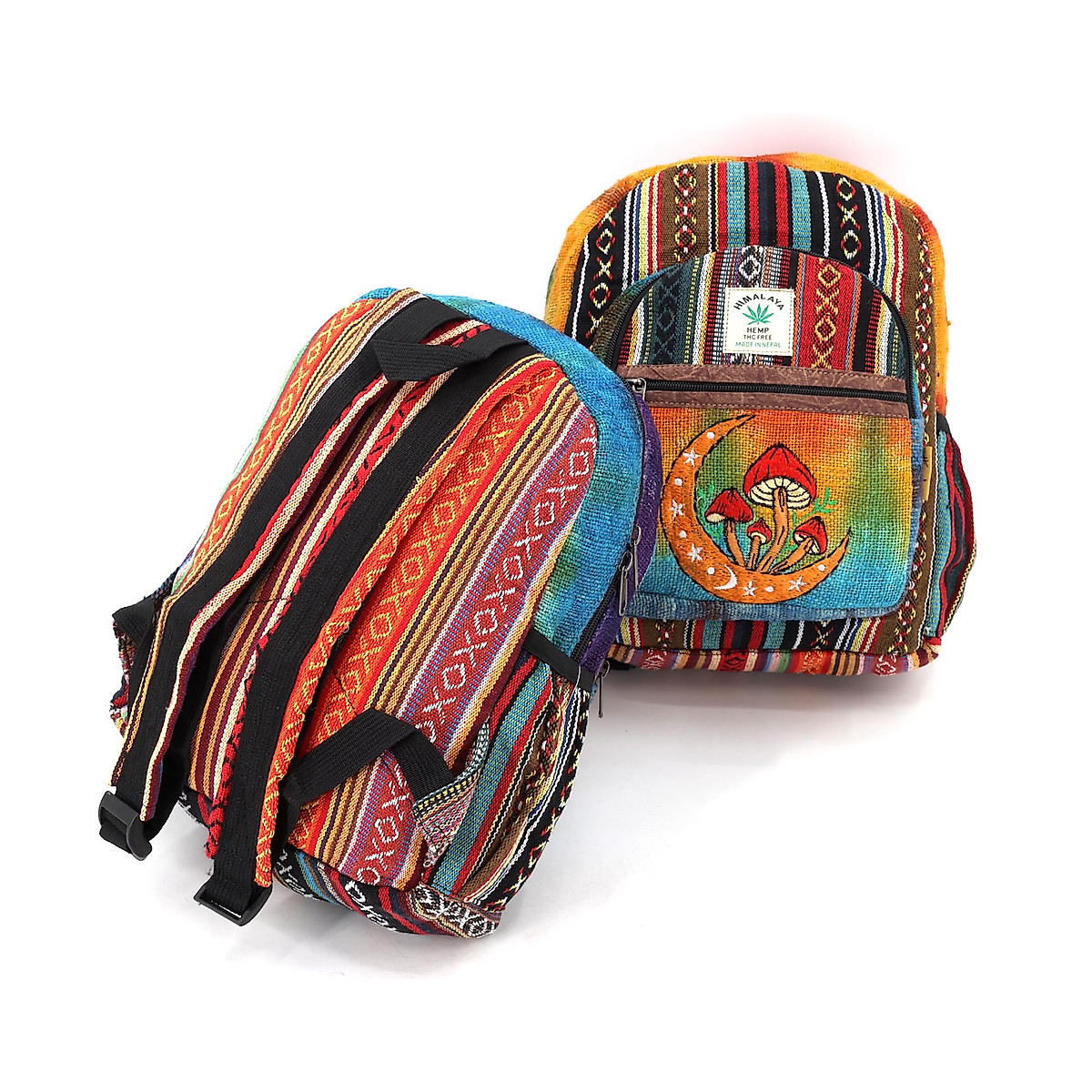 Unique Moon & Mushroom Embroidered Himalaya Hemp Hippie Backpack Festival Backpack FAIR TRADE Handmade with Love. (MINI)
