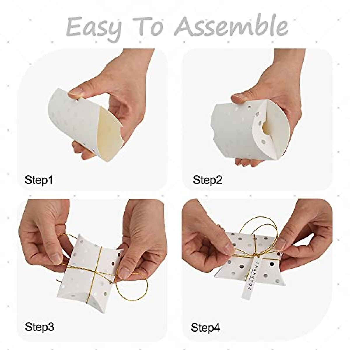 BEISHIDA 50pcs Pillow Gift Boxes Party Favor Boxes Small Mini Gift Boxes for Party Favor, Candy, Thanksgiving Favor, Christmas Pillow Box, Wedding, Halloween Party (Silver Dot， 3.6" x 2.5")