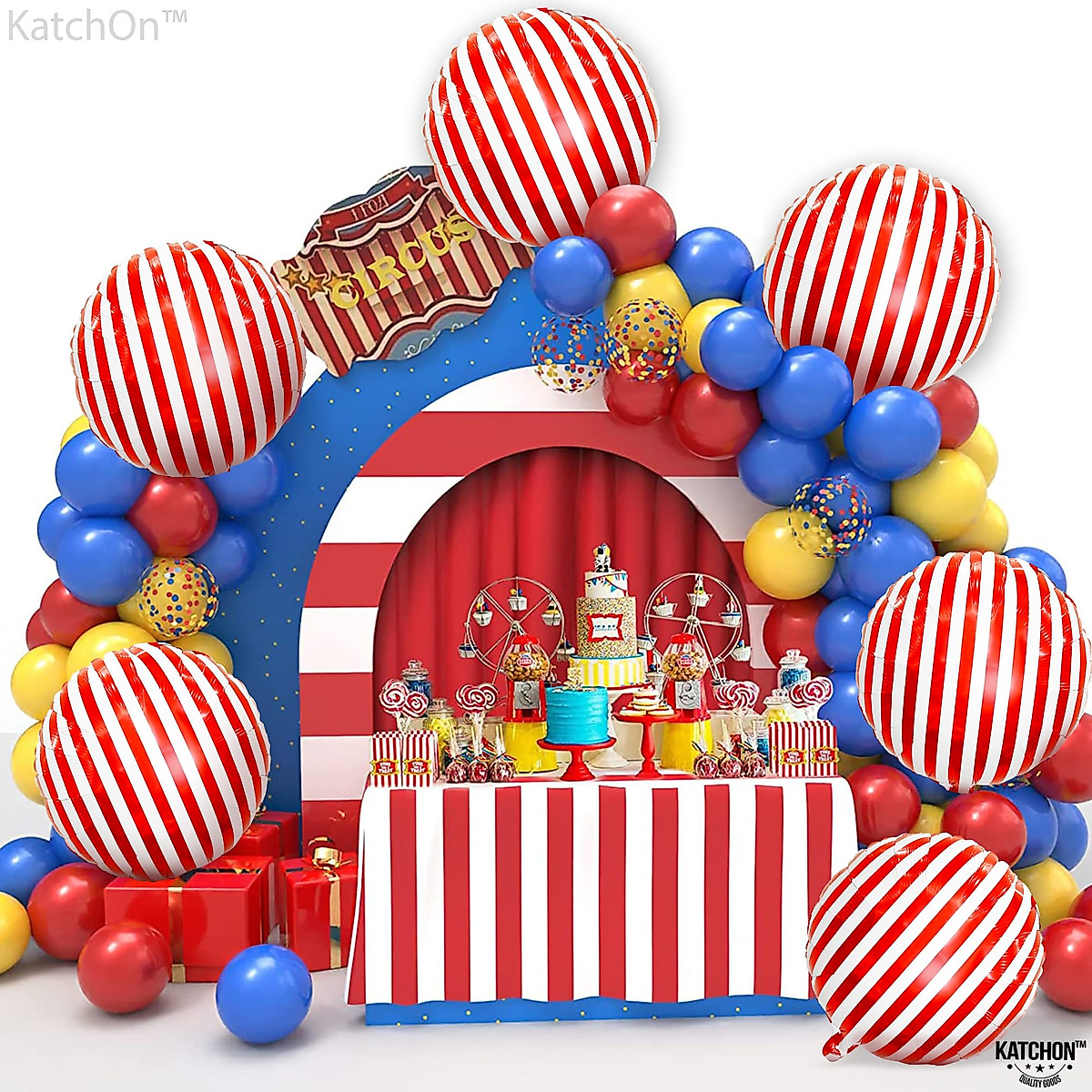 KatchOn, Red and White Striped Balloons - 18 Inch, Pack of 10 | Carnival Balloons for Carnival Decorations | 4D Striped Circus Balloons | Carnival Theme Party Decorations, Red and White Balloons Decor