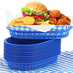 Uiifan 24 Pcs Fast Food Baskets with 100 Deli Liners Deli Food Baskets 10.5 x 7 Inch Serving Burger Chip Trays for Hot Dog Hamburger Bread Picnic(Blue)