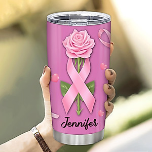 Hyturtle Personalized Breast Cancer Awareness Tumbler Gifts for Women - Birthday Christmas Gifts For Breast Cancer Survivors Warriors - Custom Name 20oz Insulated Stainless Steel Travel Tumbler
