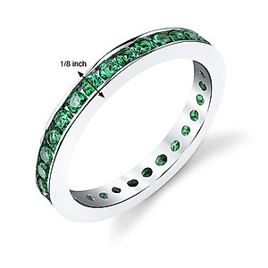 PEORA Simulated Emerald Eternity Ring Band for Women 925 Sterling Silver, 1.50 Carats total Round Shape, 3mm width, Size 7