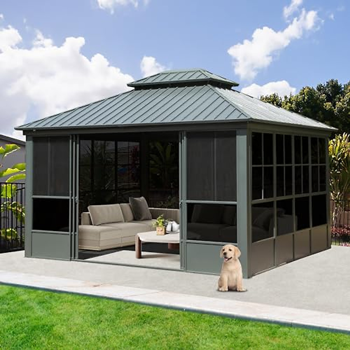 Domi 12x14FT Sunroom,Solarium Aluminum Hardtop Gazebo with Galvanized Steel Double Roof, Lockable Screen House,Moveable PC Screen&Sliding Door for Patio Deck Backyard Lawn