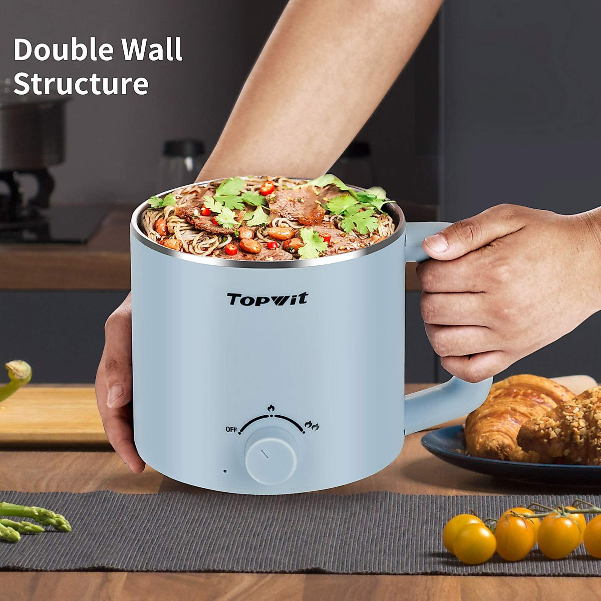 Topwit Hot Pot Electric, Electric Pot, 1.6L Ramen Cooker, Multifunctional Electric Cooker for Pasta, Shabu-Shabu, Oatmeal, Soup and Egg with Over-Heating Protection, Boil Dry Protection, Blue