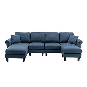 Olela U Shaped Modular Sectional Sofa for Living Room, Oversized Deep Seat Sofa Modern Linen Upholstered Sectional Couch with Chaise Lounge and Comfy Backrest (Navy)