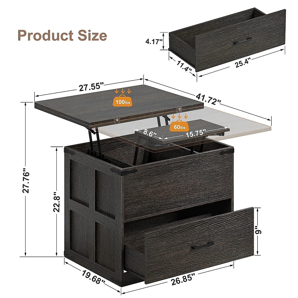 FABATO Lift Top Coffee Table, Farmhouse Coffee Table, Convertible Coffee Table with Storage and Drawer, Multifunctional Center Table Converts to Dining Game Table for Living Room, Dark Gray